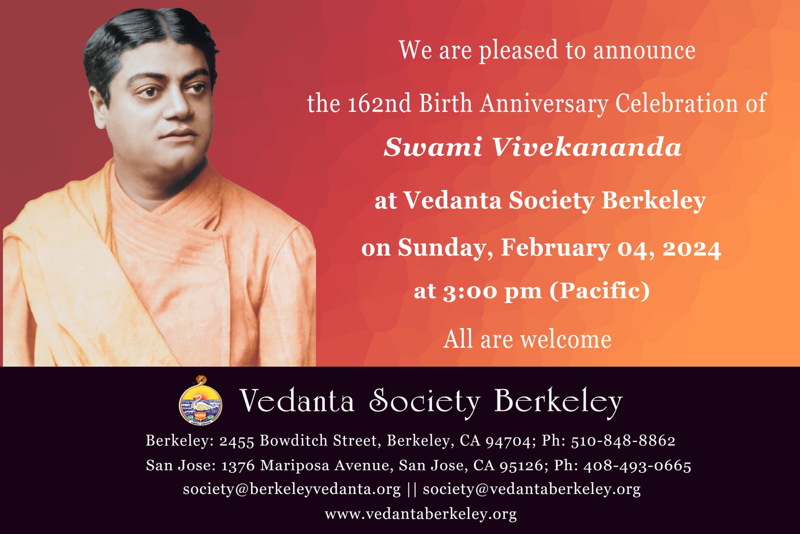 Swami Vivekananda’s 162nd Birth Anniversary Celebration - Vedanta ...