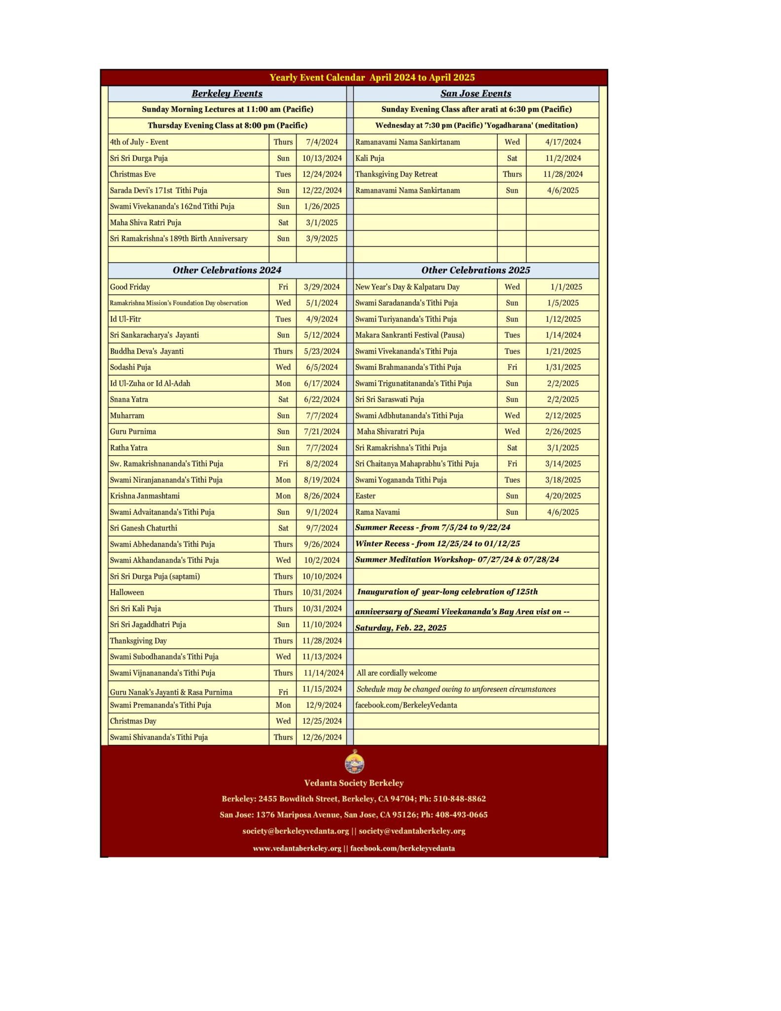 Yearly Events Calendar - Vedanta Society Berkeley